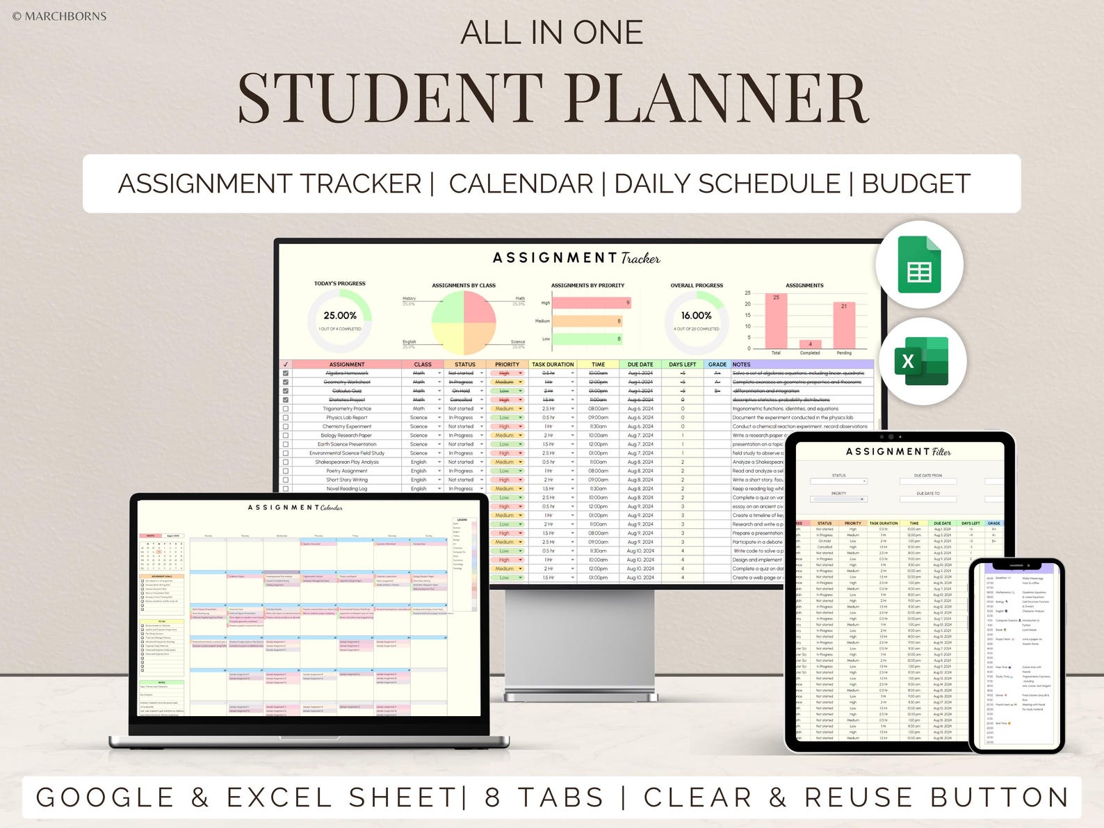 Student Planner & Assignment Tracker Google Sheets Excel College ...