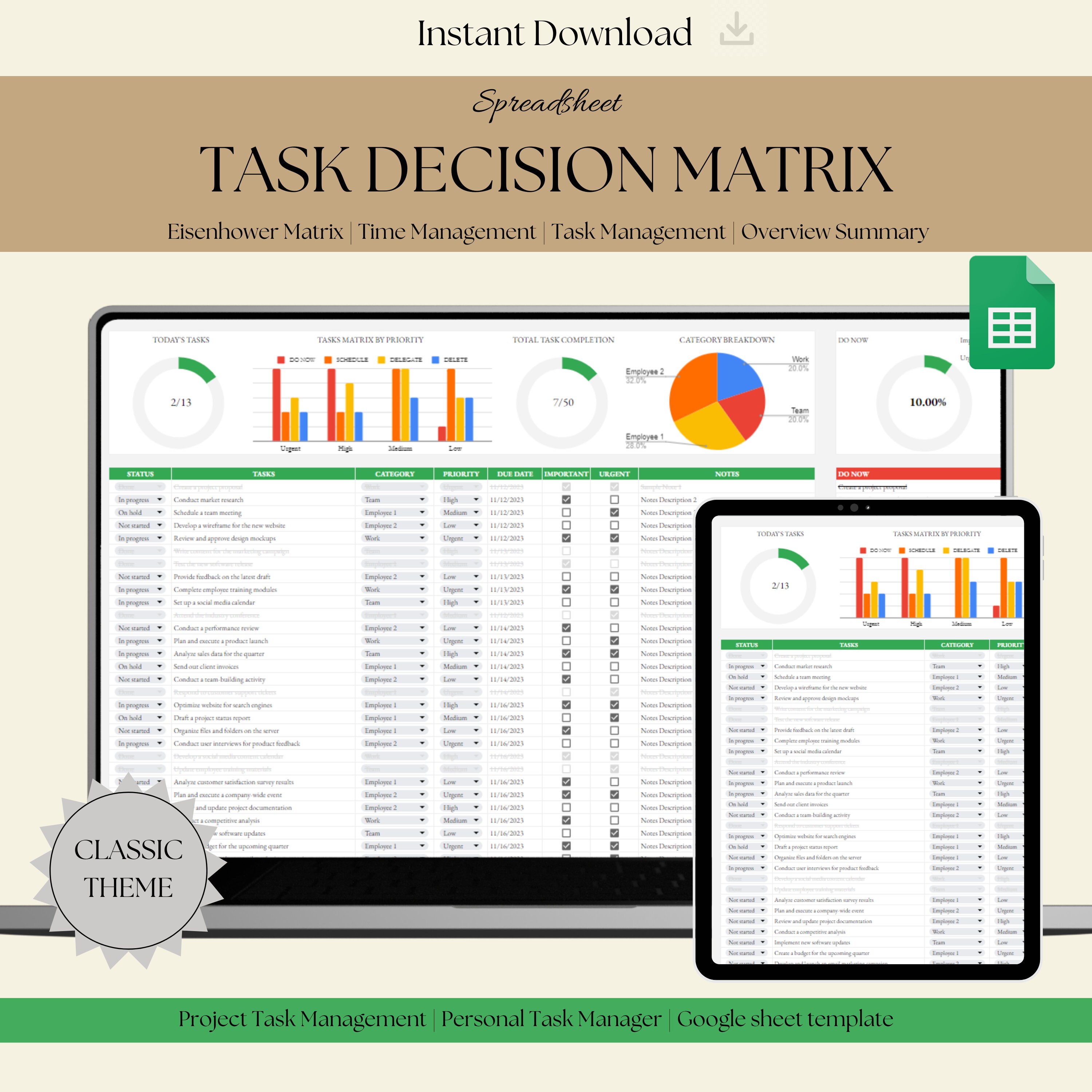 Eisenhower Decision Matrix Task Priority Planner Spreadsheet to Do List ...