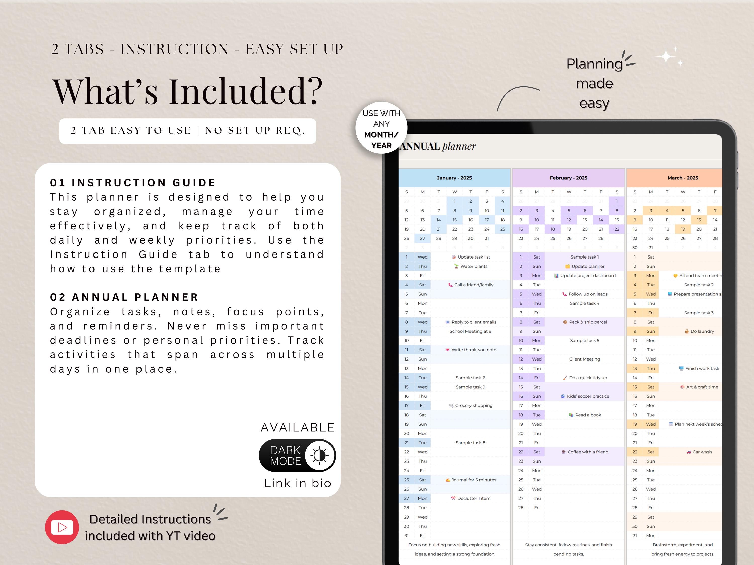 Year at a Glance Yearly Calendar Excel Template Annual Planner Google ...