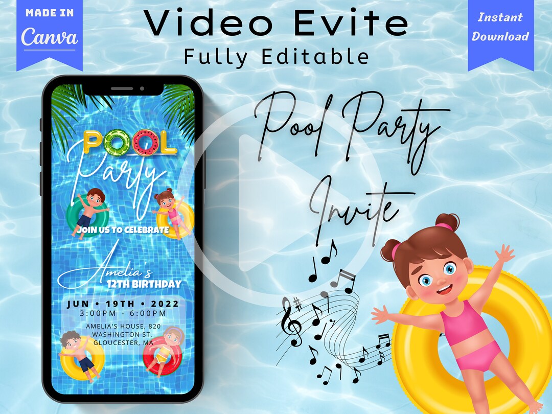 Kids Animated Pool Party Birthday Invitation | Pool Birthday Evite ...