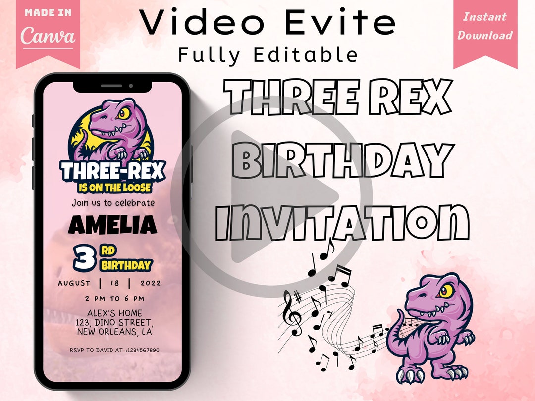 Three Rex Invitation | Girl Three Rex Birthday Invitations | Animated ...