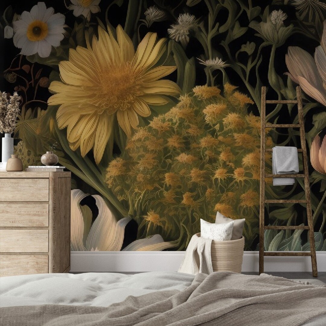 Dark Removable Floral Wallpaper, Flower Wallpaper. Self-adhesive ...