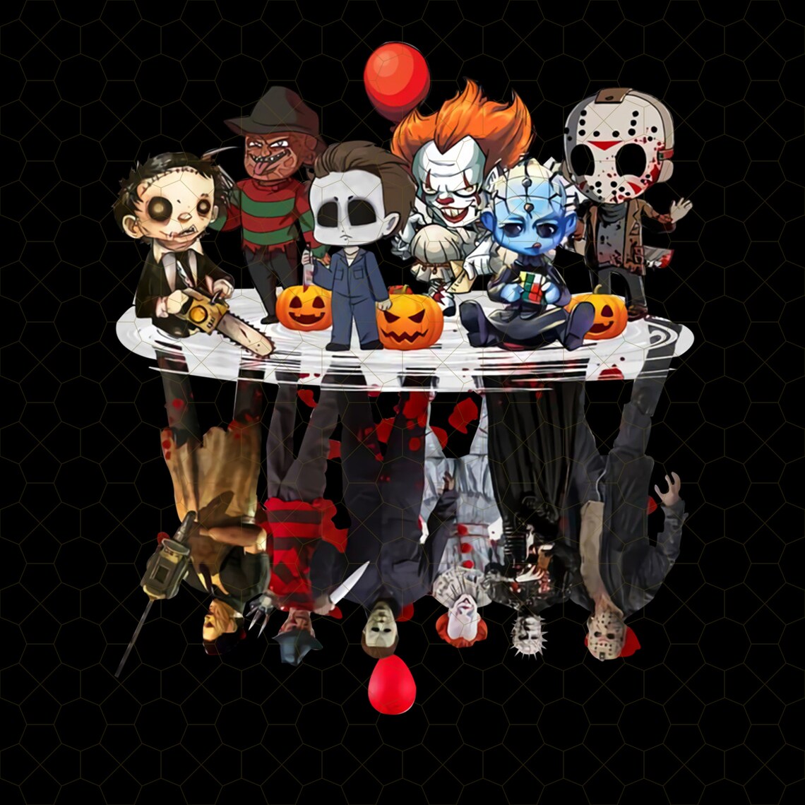 Cute Horror Movie Chibi Character Water Reflection Halloween Png ...