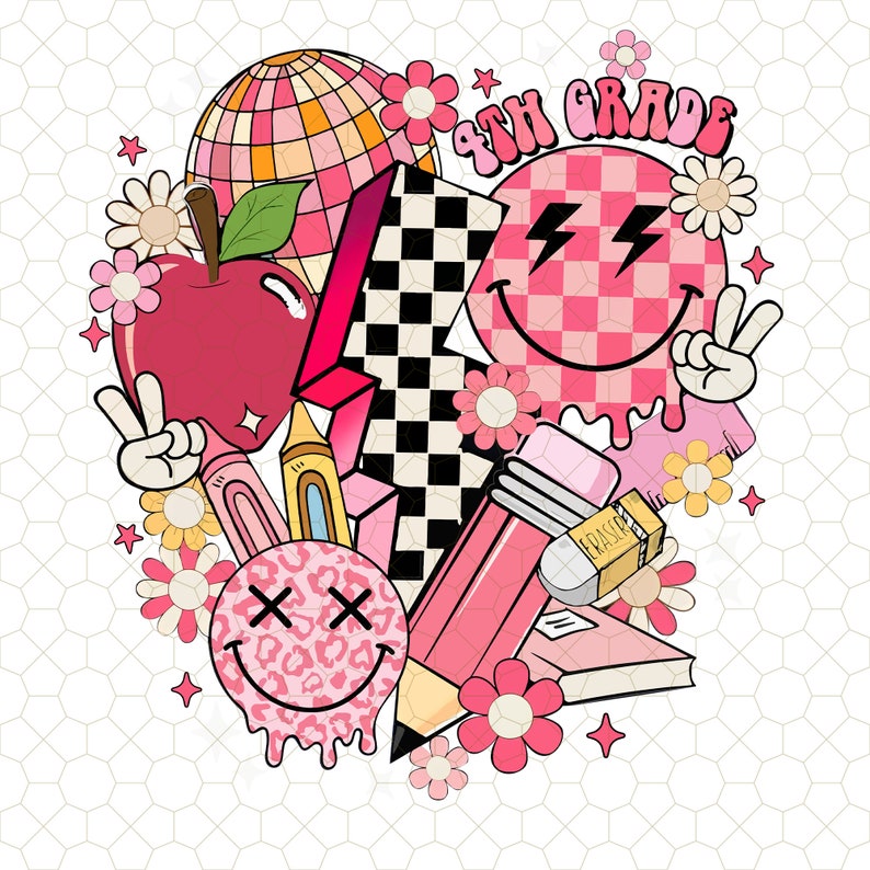 Retro Groovy Smiley Face 4th Grade Back to School Png, Fourth Grade ...