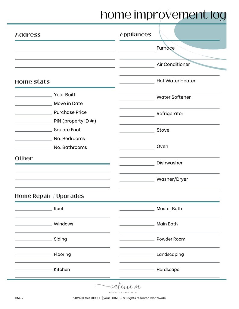 Home Improvement Log Tracker | Digital Download Log for Your House ...