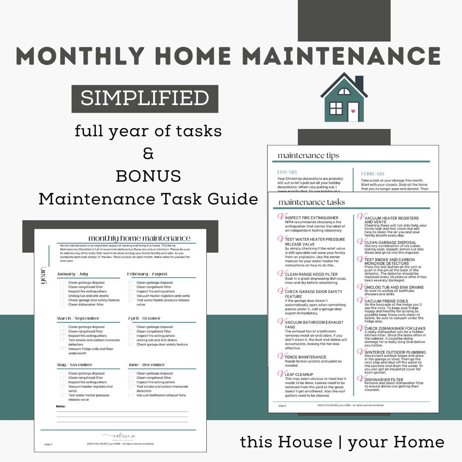 Digital Home Maintenance Planner With Monthly Task List Fillable Checklist PDF Schedule Plus ...