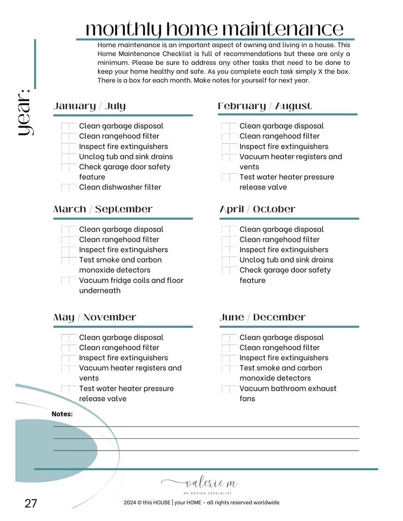 Monthly Home Maintenance Checklist Printable | House Maintenance ...