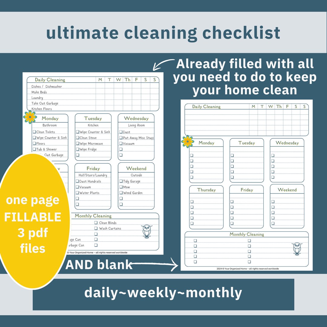 Cleaning Checklist | House Cleaning Checklist | Printable and Fillable ...