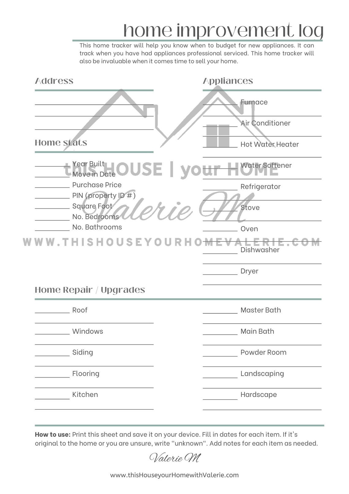 Home Improvement Log Tracker Digital Download Log for Your House New ...