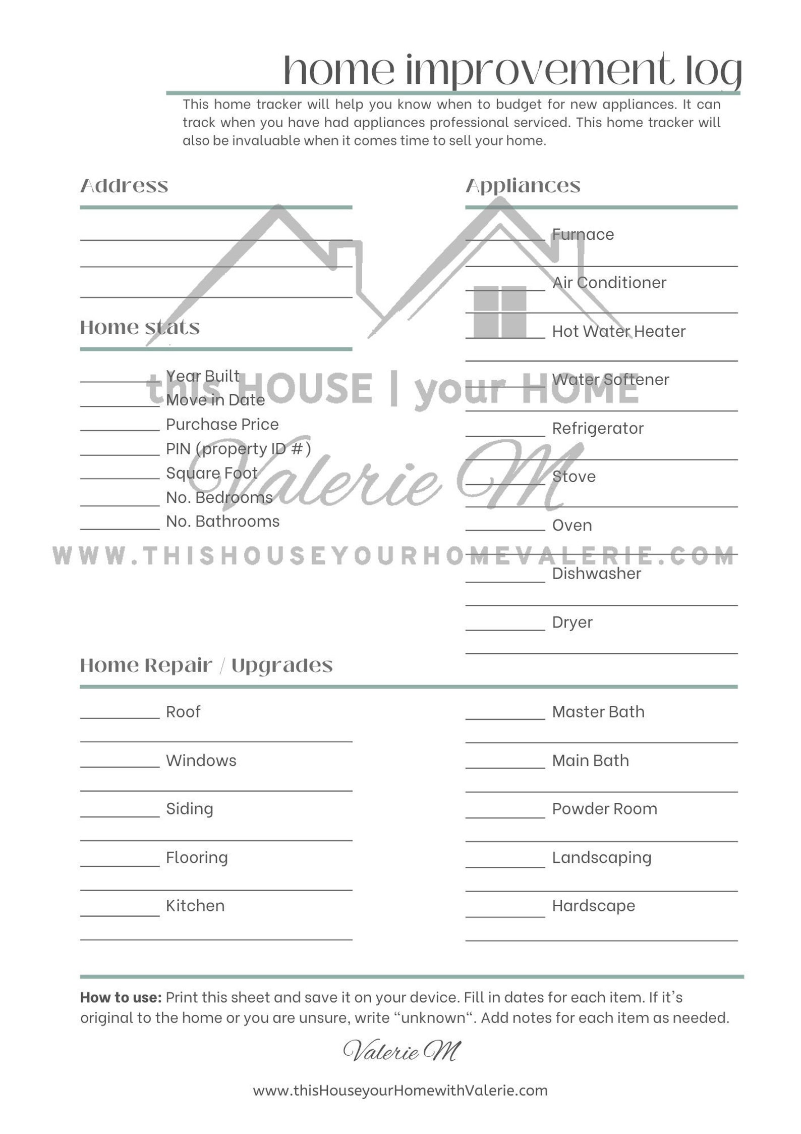 Home Improvement Log Tracker Digital Download Log for Your House New ...