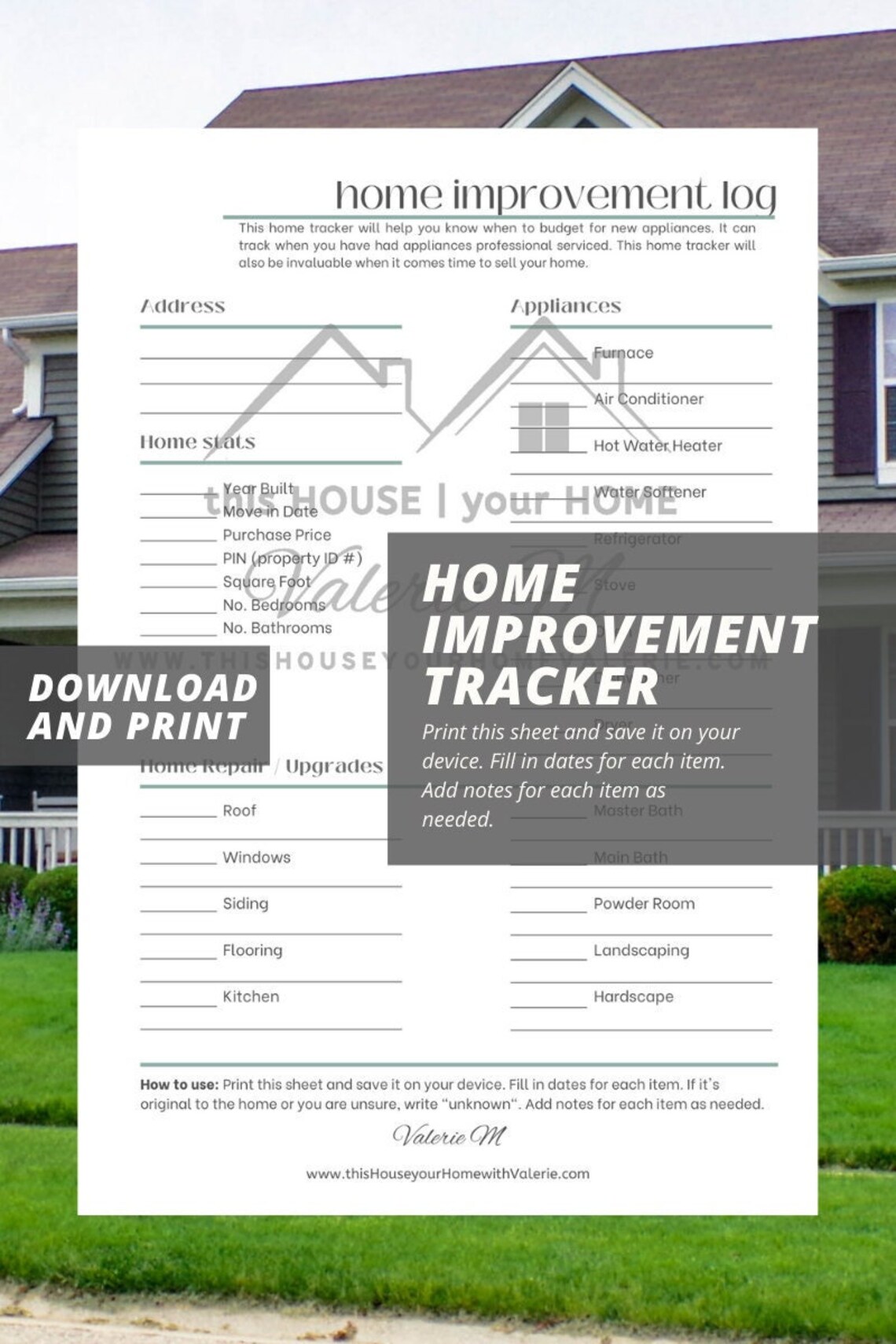 Home Improvement Log Tracker | Digital Download Log for Your House ...