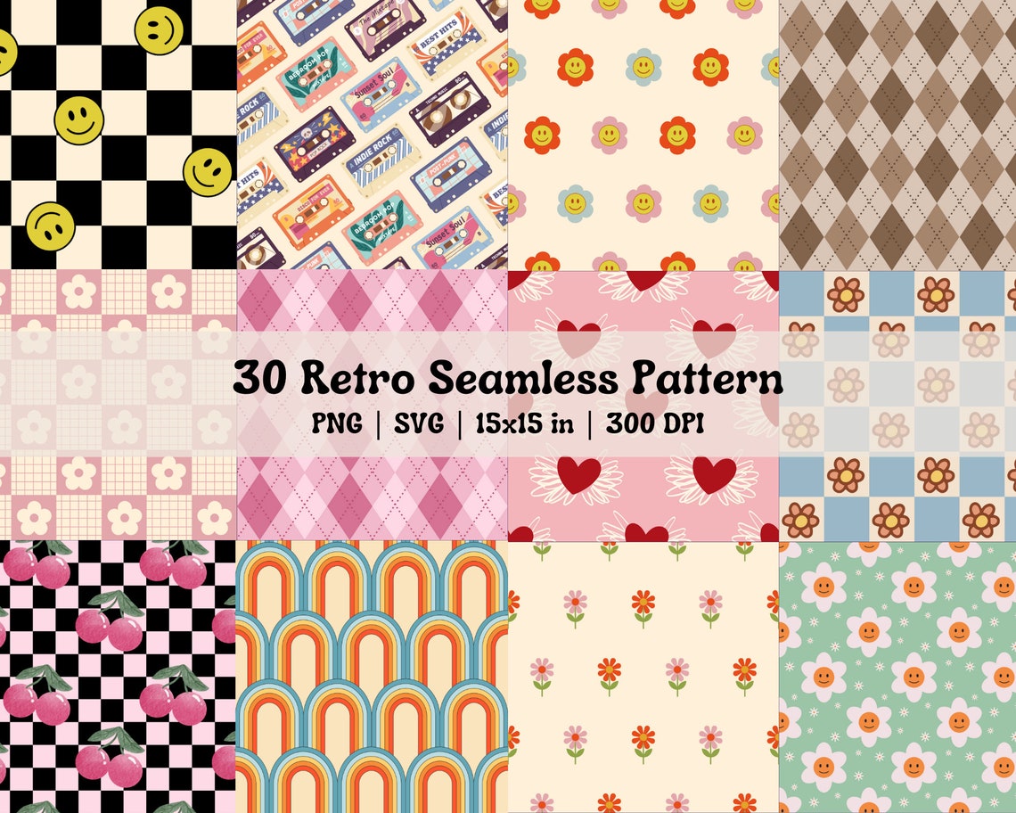 Retro Seamless Pattern, Retro PNG SVG, Retro Prints, Retro Flower PNG ...