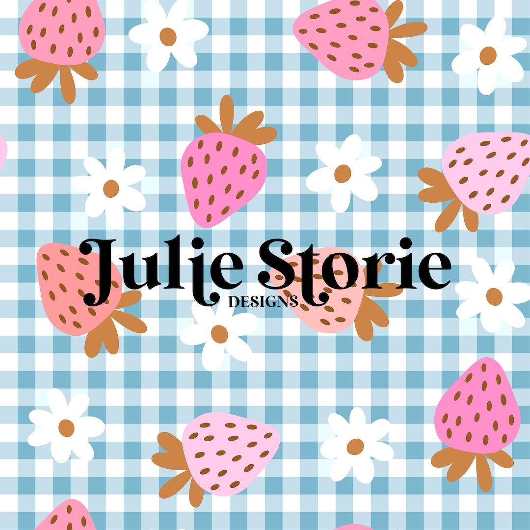 Strawberries on Blue Gingham Seamless Pattern, Pink Strawberry Gingham ...