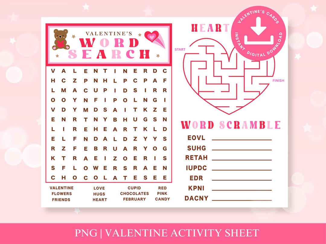 Valentines Activity Sheets for Kids, Printable Valentines Games, Word ...