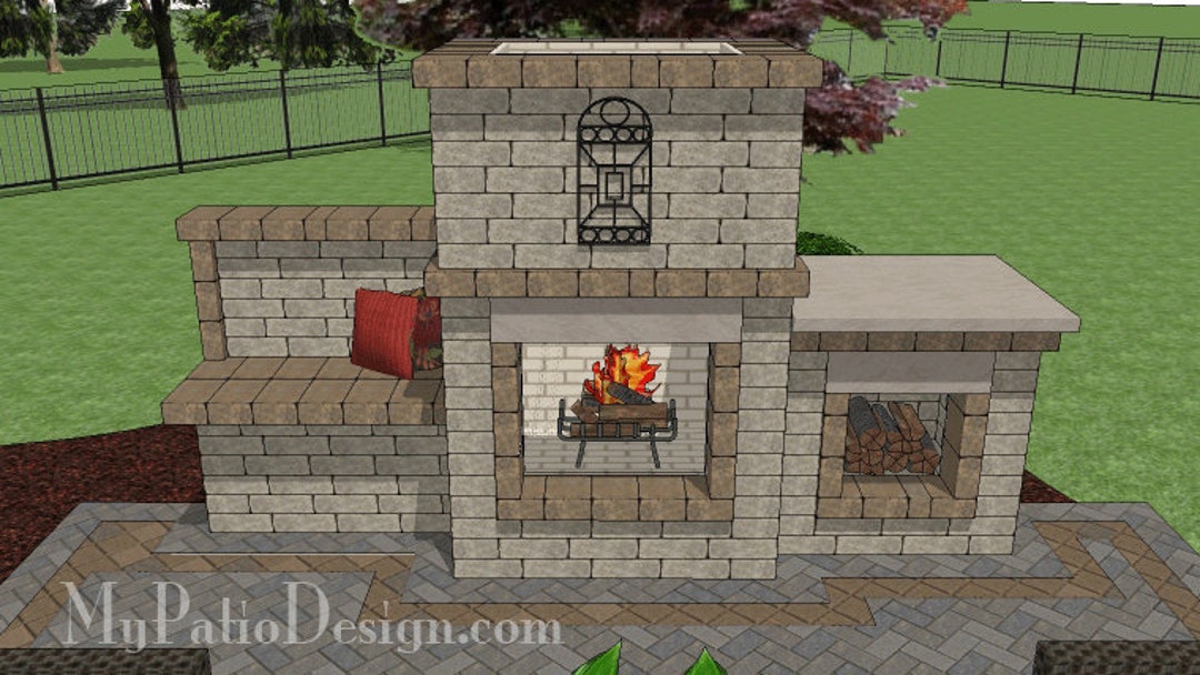 DIY Outdoor Block Fireplace Design With Woodbox and Bench - Etsy