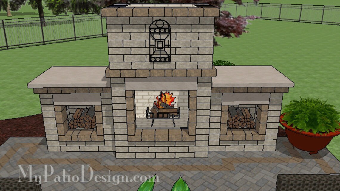 DIY Outdoor Block Fireplace Plan With Two Woodboxes - Etsy