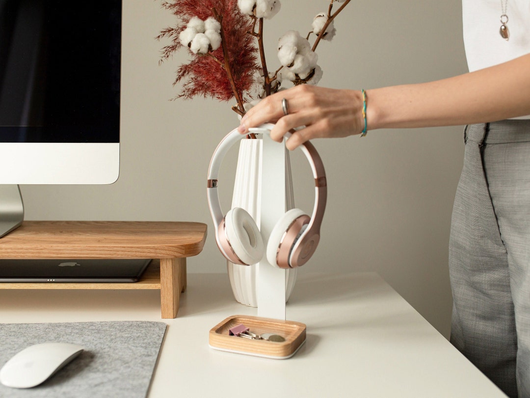Wood Headphone Stand, White Headphone Stand for Desk, Headphone Holder ...