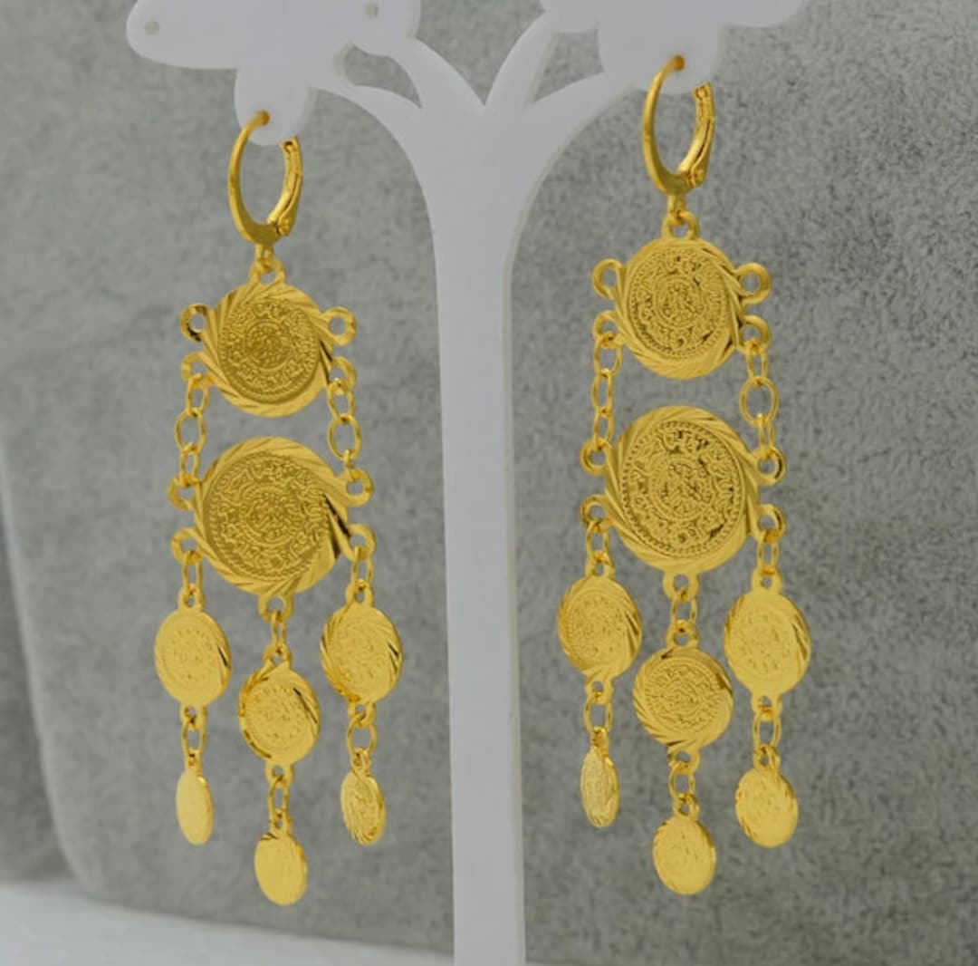 24k Gold Plated Coin Earrings, Dubai Gold Earrings, Dangle Drop Gold ...