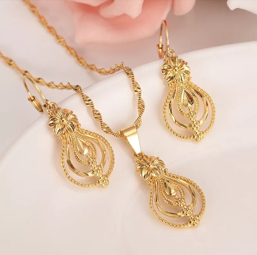24k Real Gold Plated Wedding Moroccan Dubai Jewelry Set Round Pendant ...