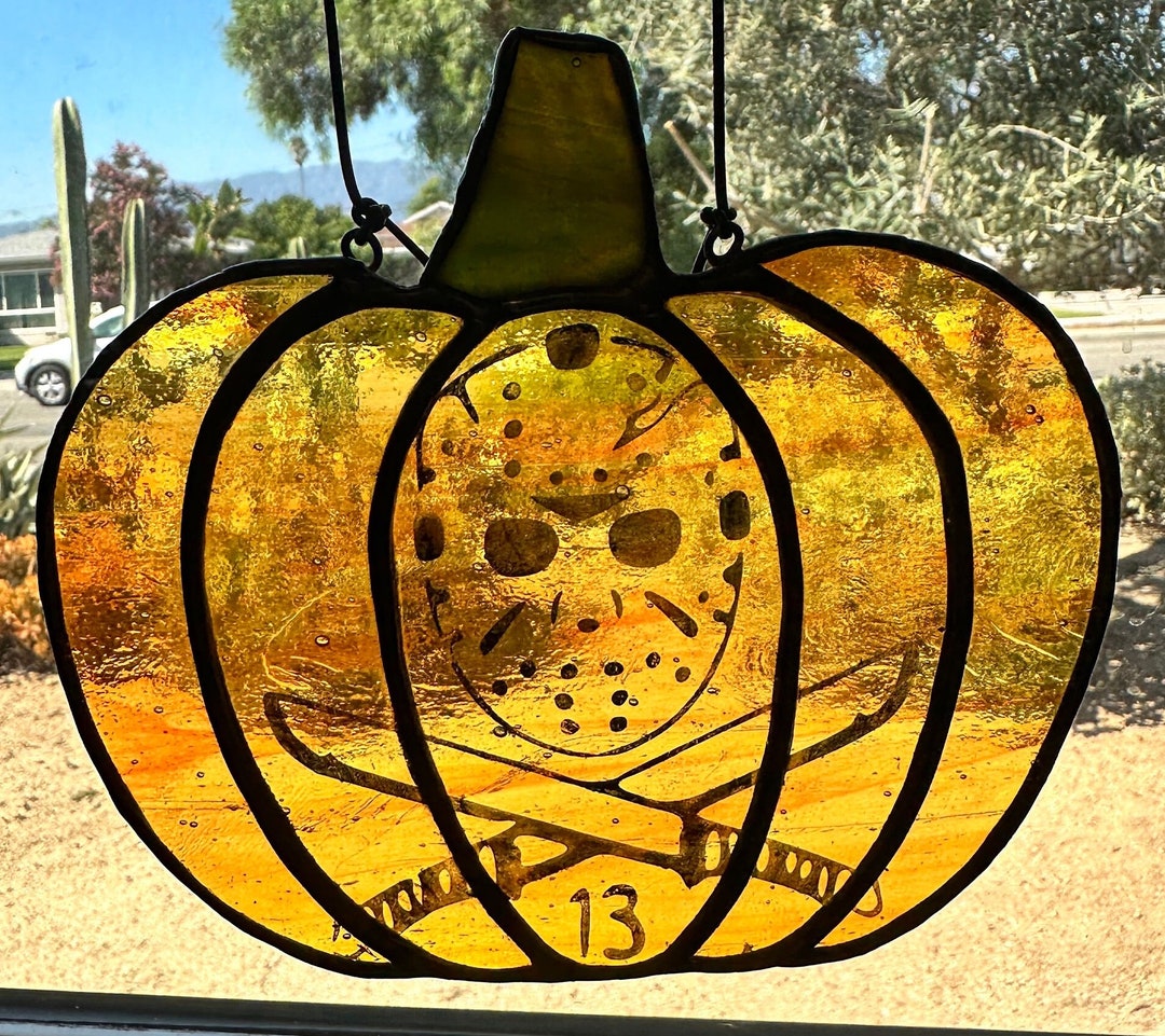 Stained Glass Pumpkin Jason Voorhees Friday the 13th Etched Glass - Etsy