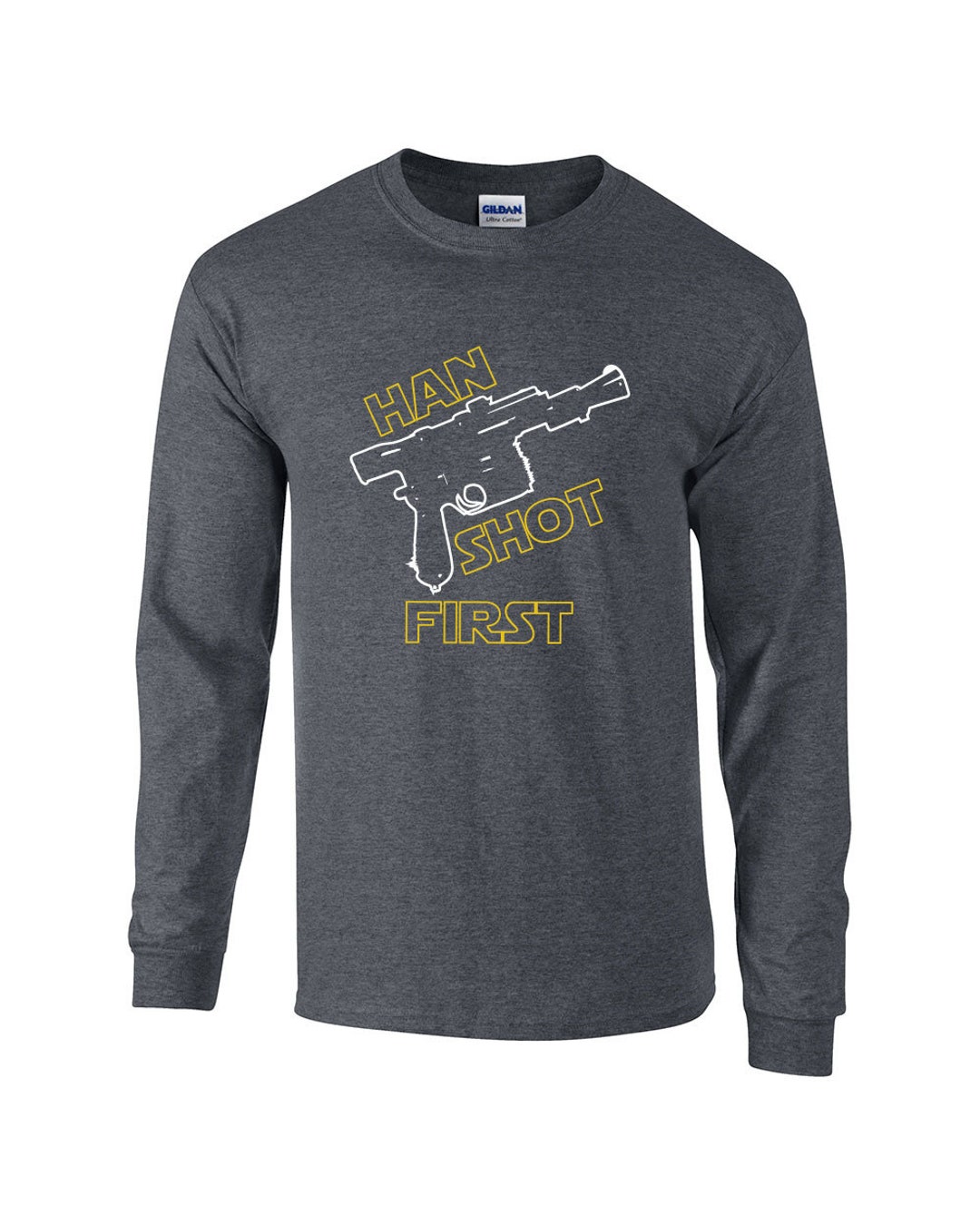 Han Shot First Funny 80s Star Geek Nerd Sci Fi Cos Play Greedo Blaster ...
