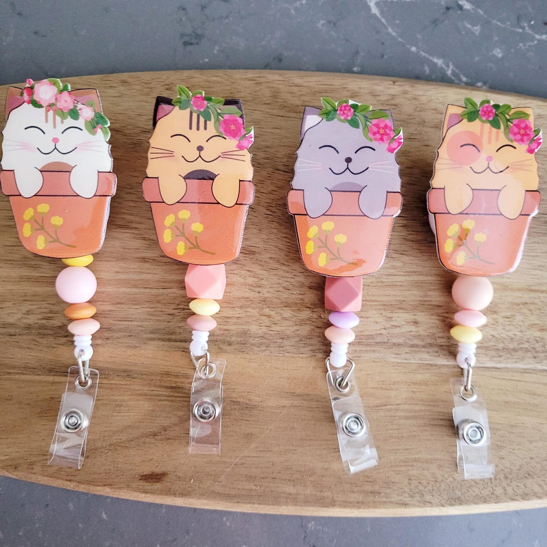 Cute Cat Badge Reel - Spring Flower Pot - Nurses Gift - Mother's Day ...