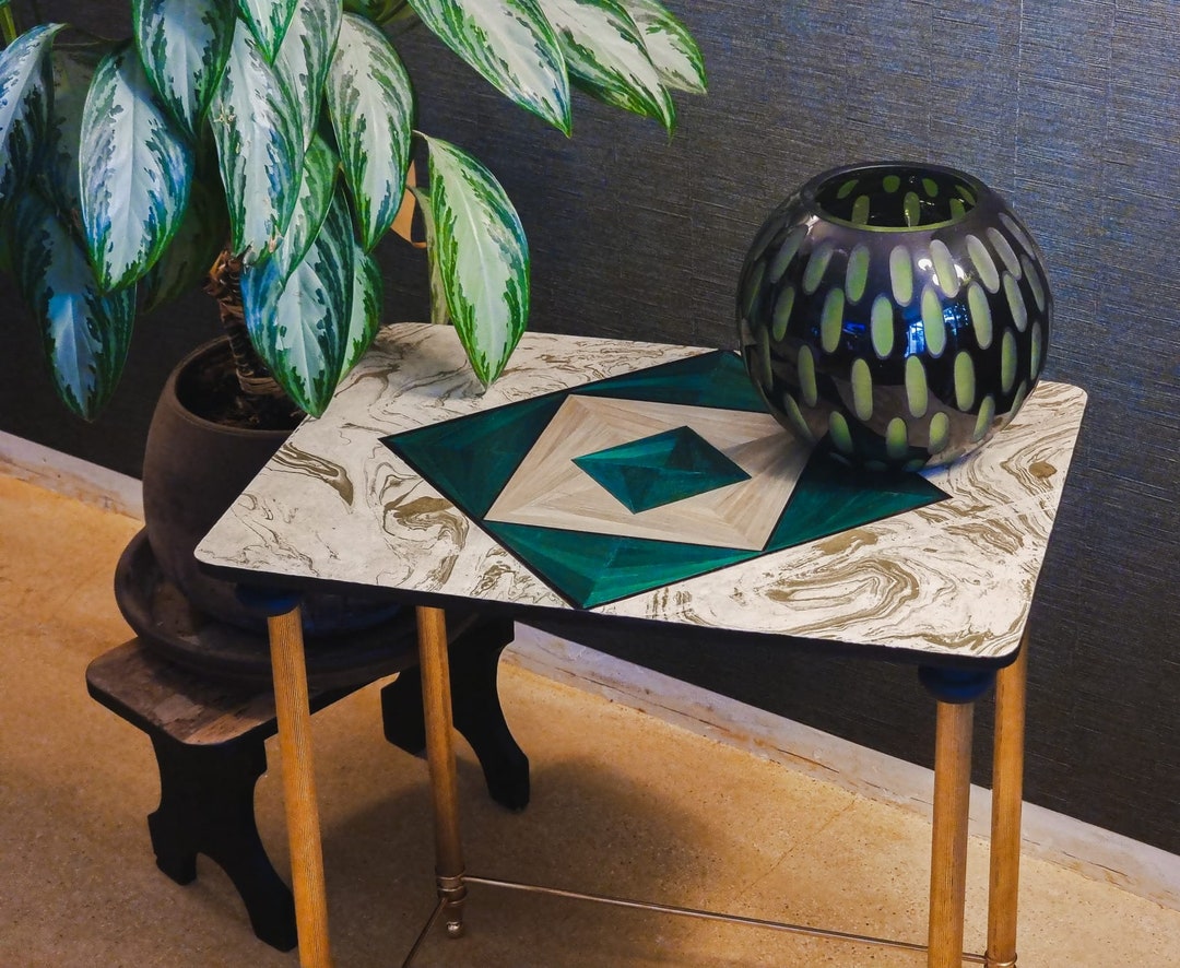 Wooden Side Coffee Table Straw Marquetry and Pretty Brass - Etsy