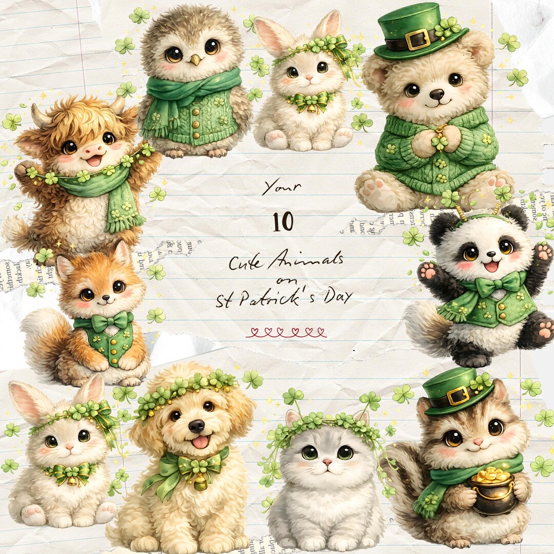 St Patricks Day Cute Animals PNG Bundle, Lucky Dog Cat Highland Cow ...