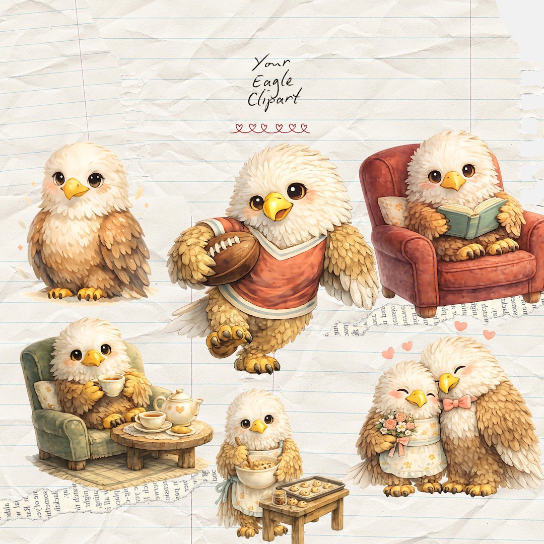Storybook Eagles PNG Bundle, Cute Watercolor Eagle Clipart, Cozy Animal ...