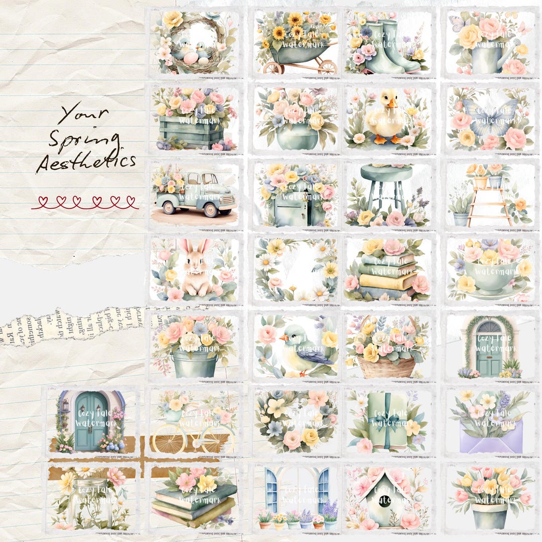 30 Spring Clipart Bundle, Watercolor Floral, Birdhouse, Blooming ...