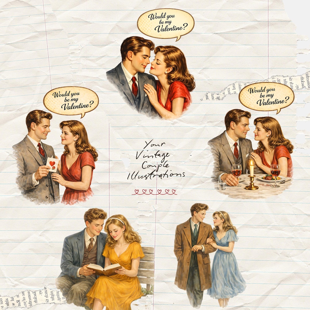 5 Vintage Valentine’s Day Couple Clipart, Retro Romance, Romantic ...