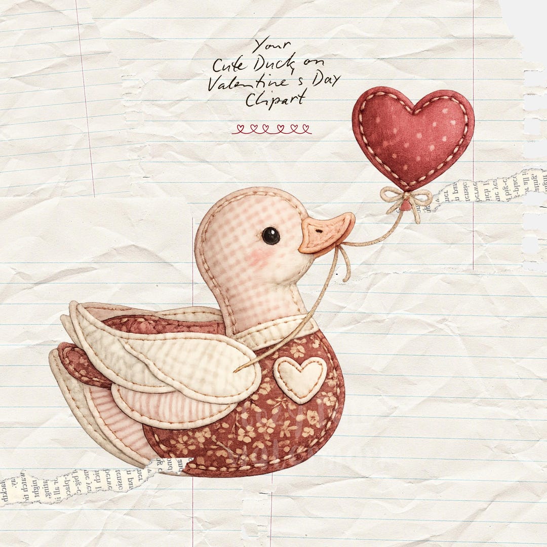 Valentine Duck PNG, Storybook Embroidered Patchwork Duck With Heart ...