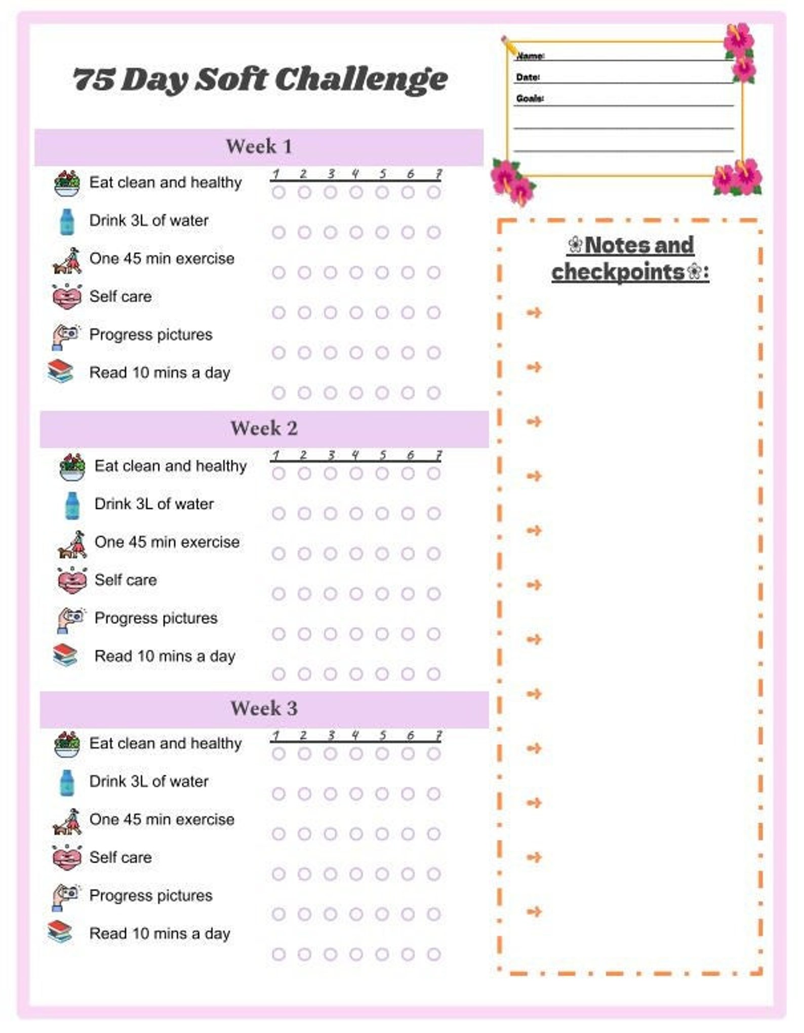 70 Day Soft Challenge Tracker | 6 Week Checkmark Printable Tracker A4 ...
