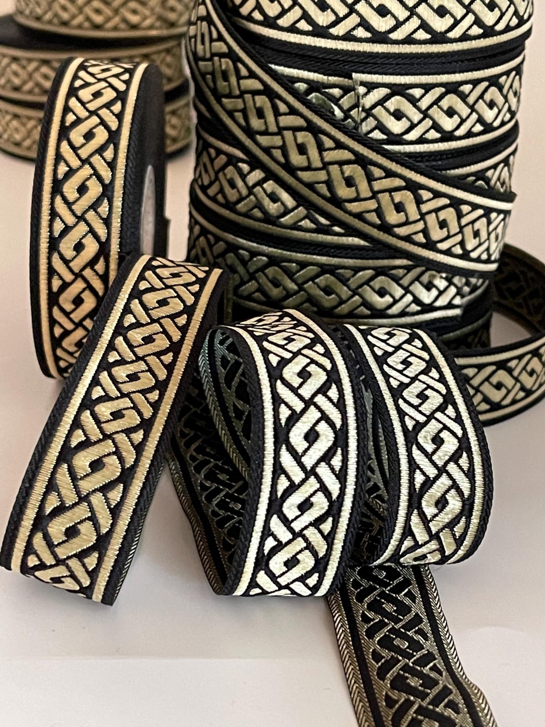 Medieval Braid Embroidered Jacquard Celtic Braid Pattern Black and Gold ...
