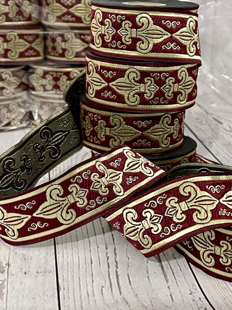 Medieval Fleur-de-lis Braid, Jacquard Woven Border 35 Mm, Burgundy and ...