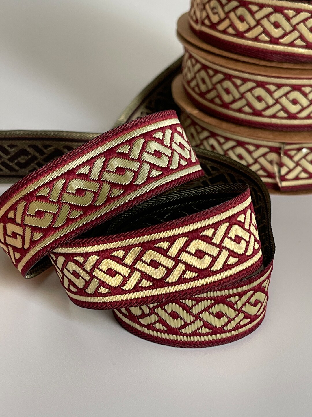 Medieval Braid Embroidered Jacquard Celtic Braid Pattern Burgundy and ...