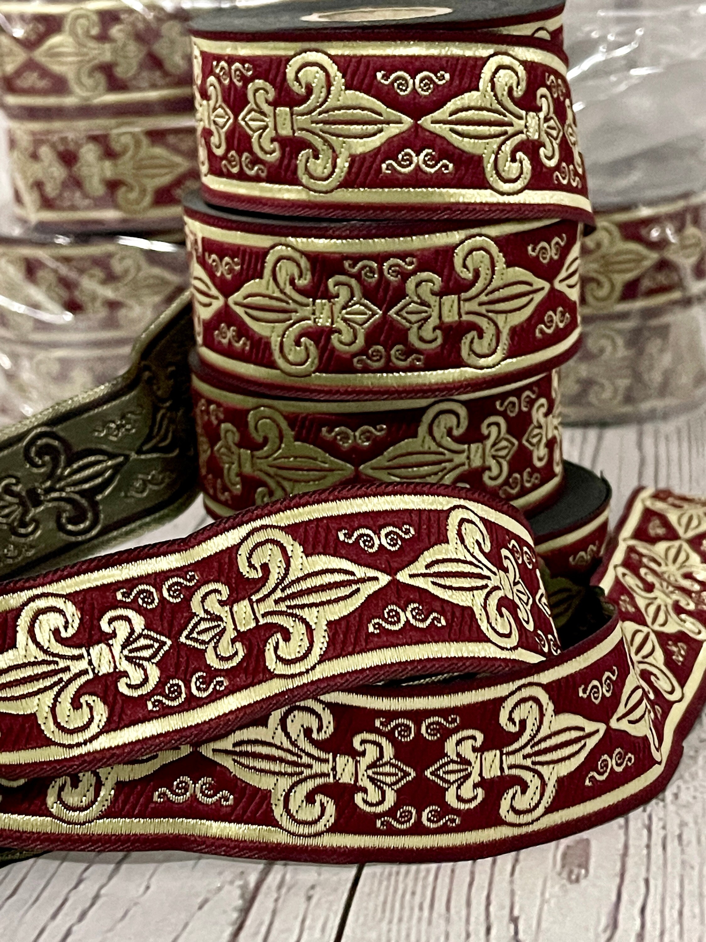 Medieval Fleur-de-lis Braid, Jacquard Woven Border 35 Mm, Burgundy and ...