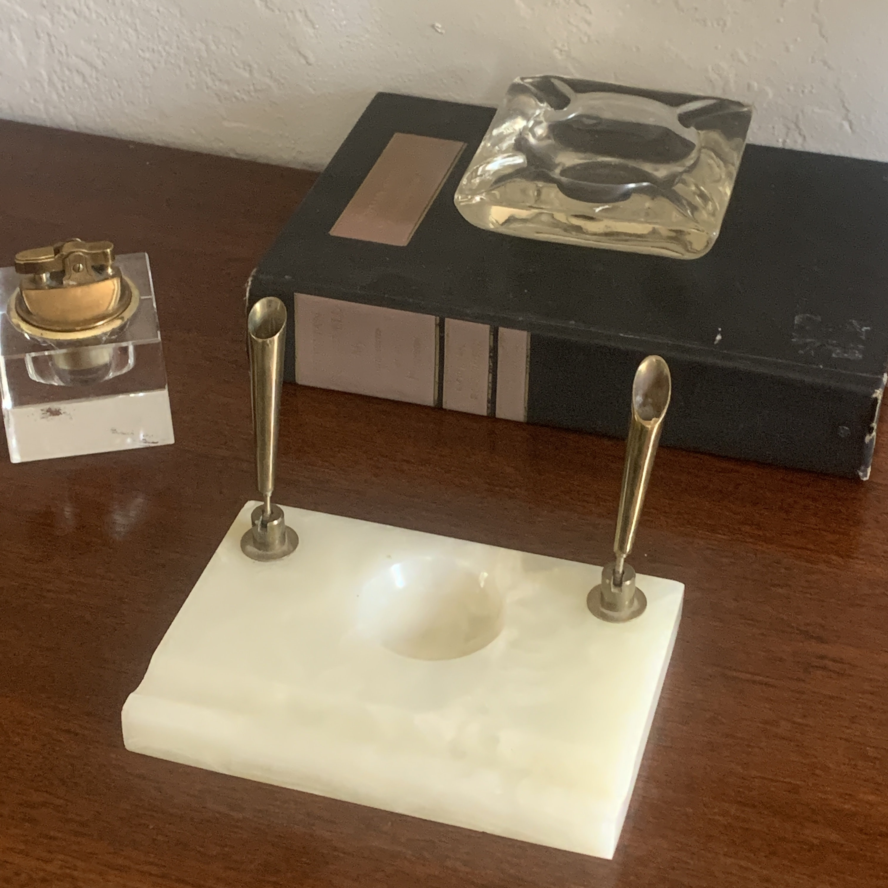 Vintage MCM Onyx Desk Top Double Ink Pen Stand Swivel Brass Holders - Etsy