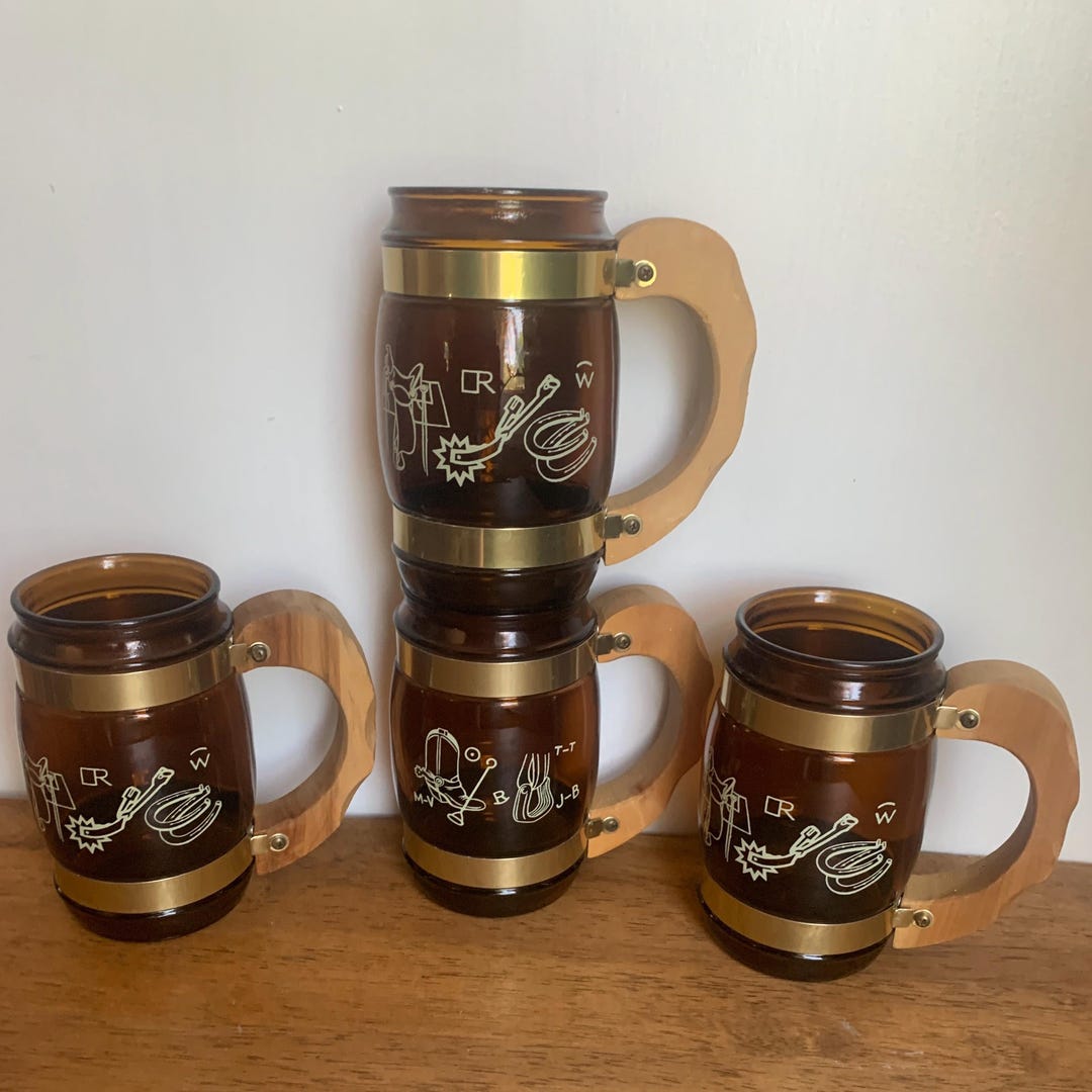 Vintage Siesta Ware Cowboy Mugs: Amber Glass, Wood Handles, Western ...