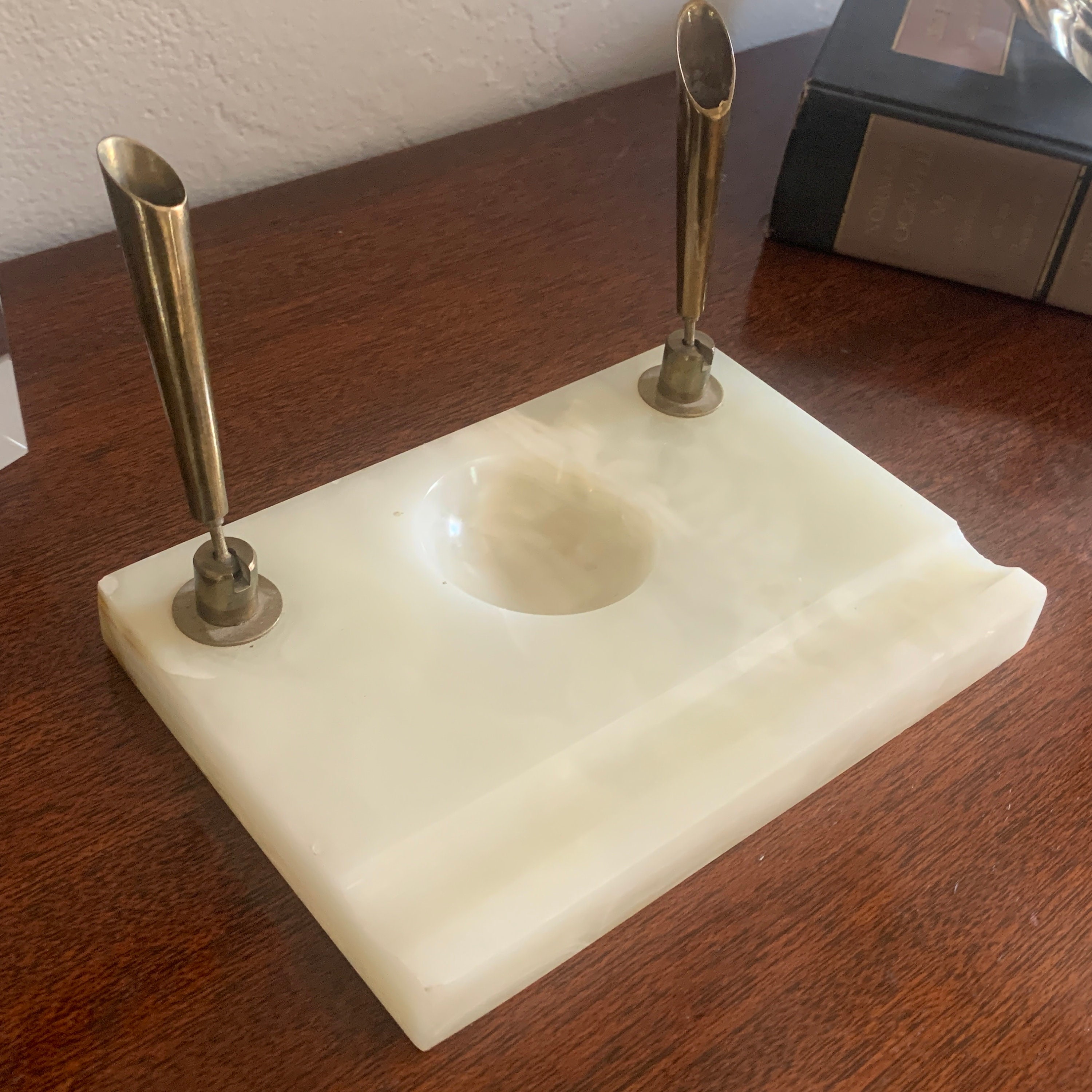 Vintage MCM Onyx Desk Top Double Ink Pen Stand Swivel Brass Holders - Etsy