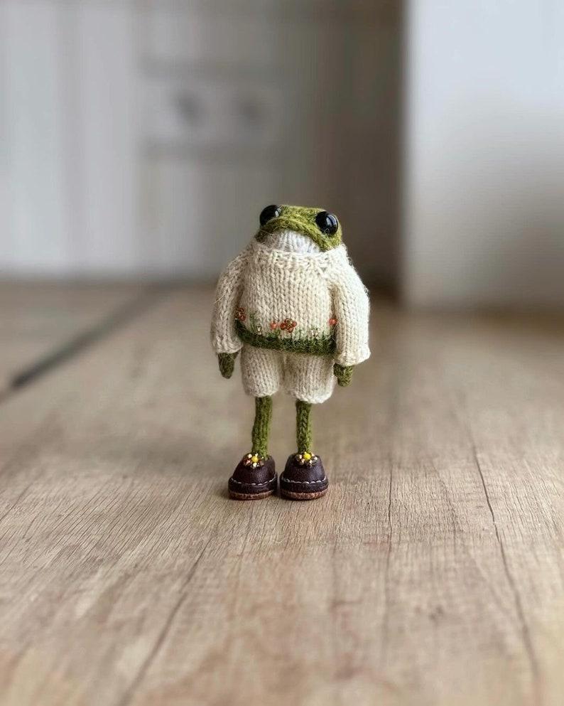 Knitted Frog in White Clothes, Amigurumi Frog, Frog Plush, Custom Frog ...