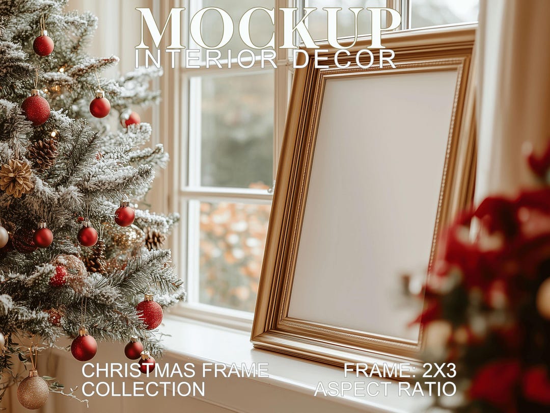 Gold Christmas Frame Mockup, Vertical 2x3 Frame in Festive Window Scene ...