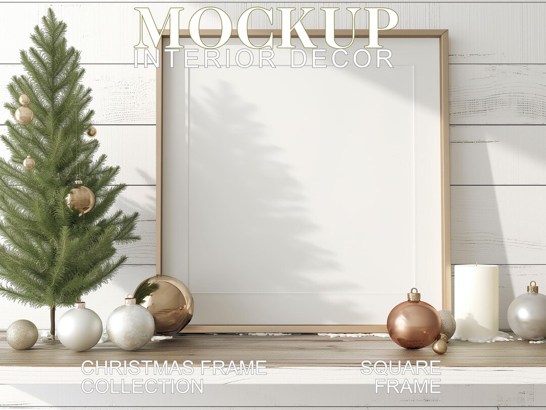 Square Christmas Frame on Shelf Mockup, Frame With Matte in Holiday ...