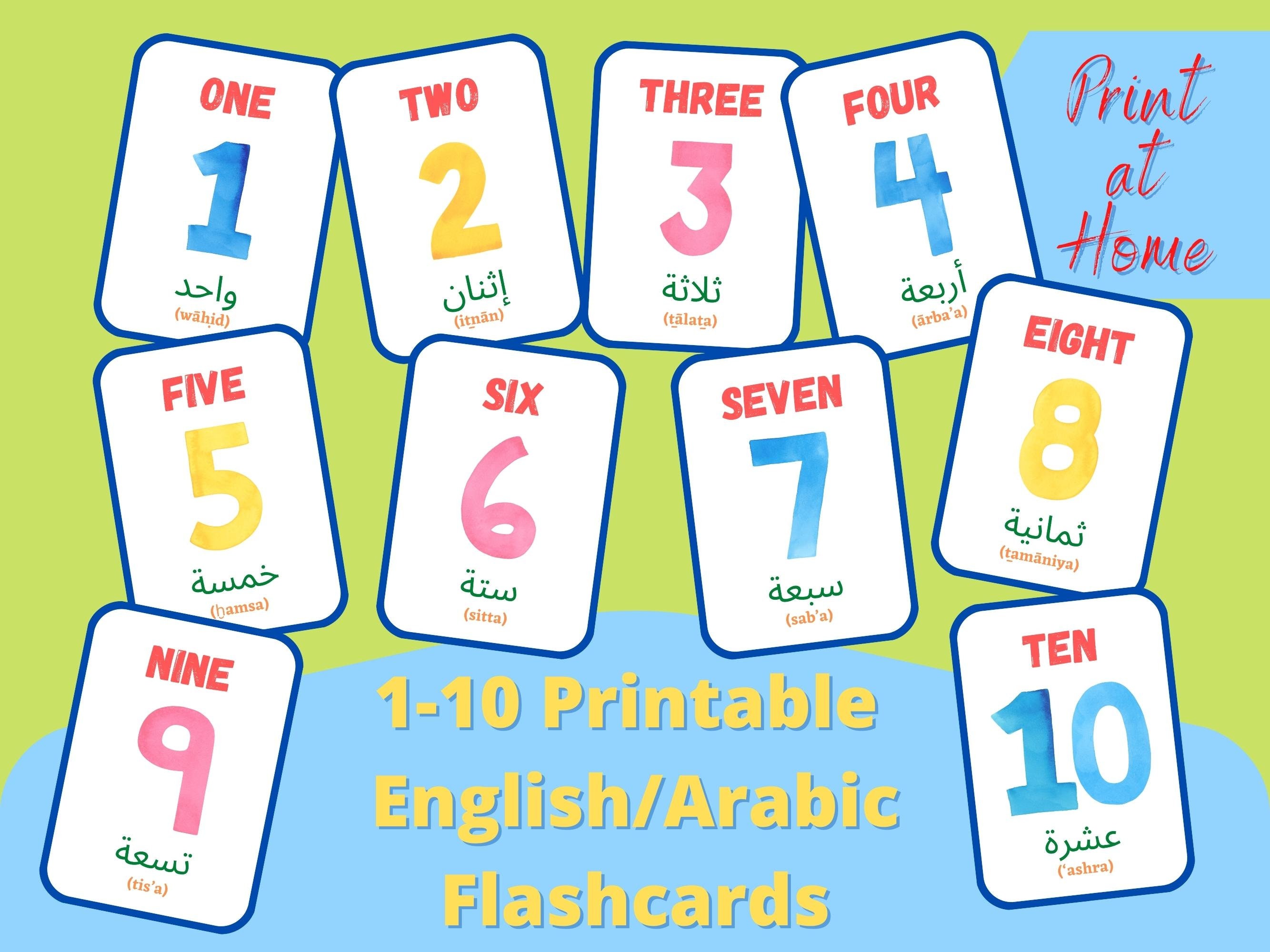 English Arabic 1-10 Numbers Colorful Flashcards - Printable - Learn ...