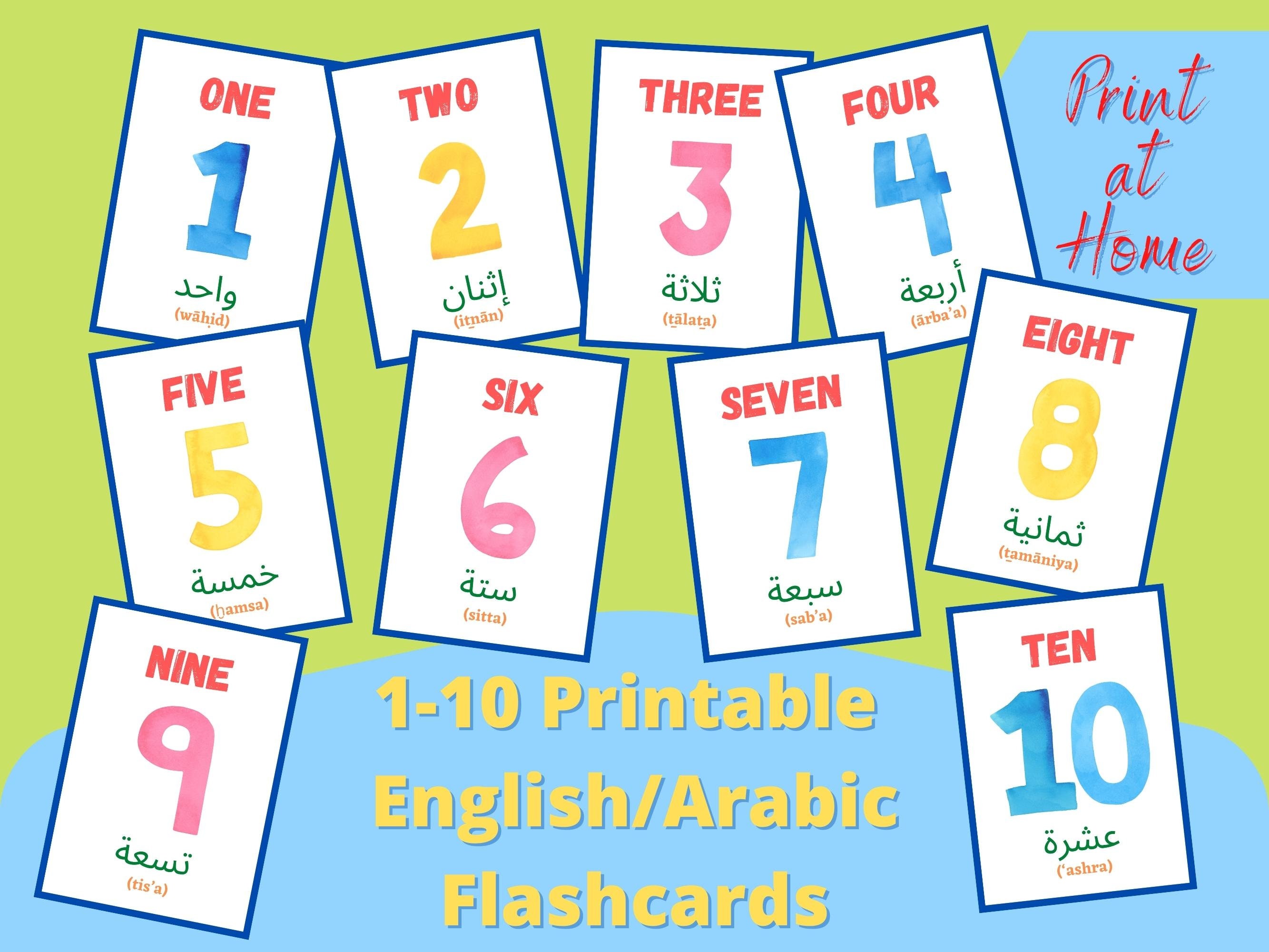 English Arabic 1-10 Numbers Colorful Flashcards - Printable - Learn ...
