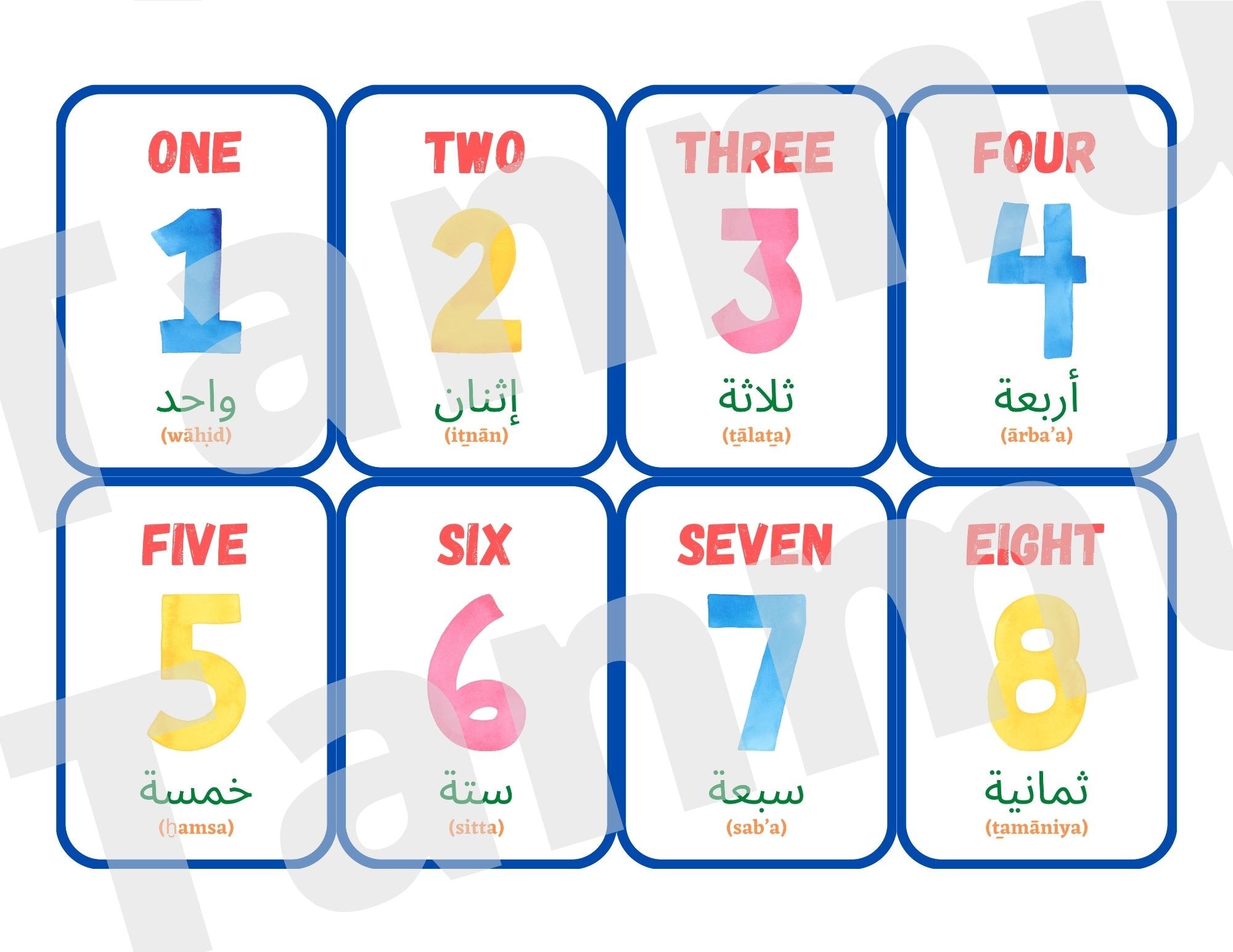 English Arabic 1-10 Numbers Colorful Flashcards - Printable - Learn ...