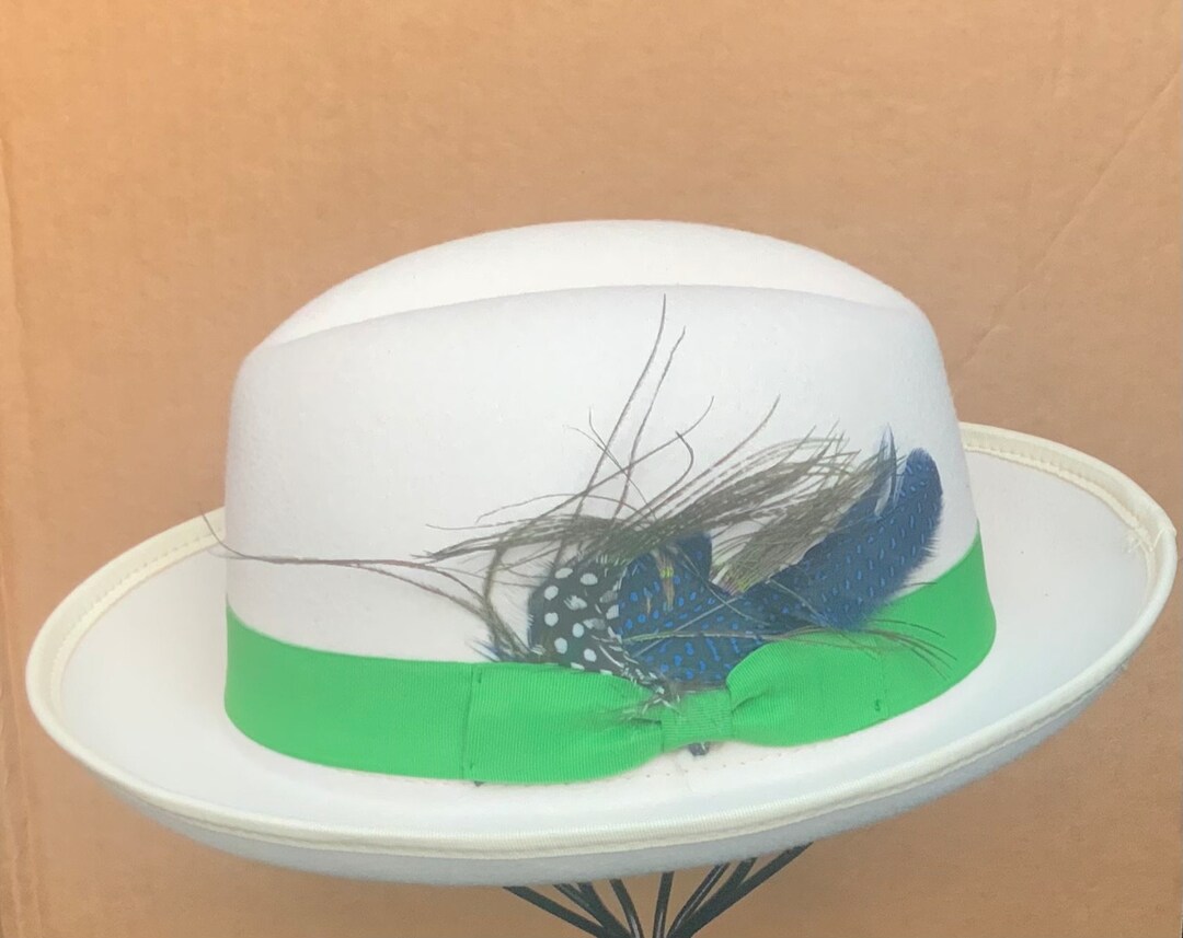 Mens White Blue Feather Band Homburg Hat Size Med/large - Etsy