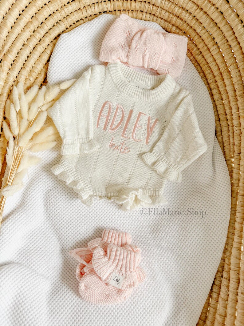 Embroidered Name Baby Romper, Newborn Girl Coming Home Knit Ruffle ...