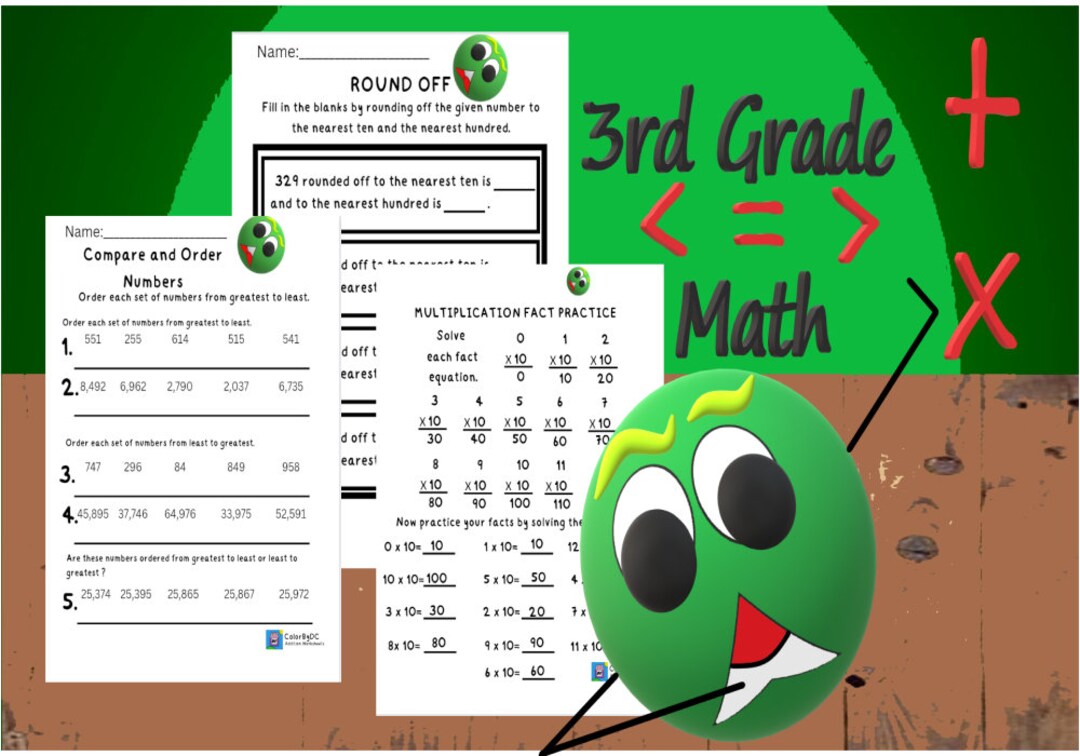 3rd Grade Math Worksheets| Multiplication| Rounding Off| Compare and ...