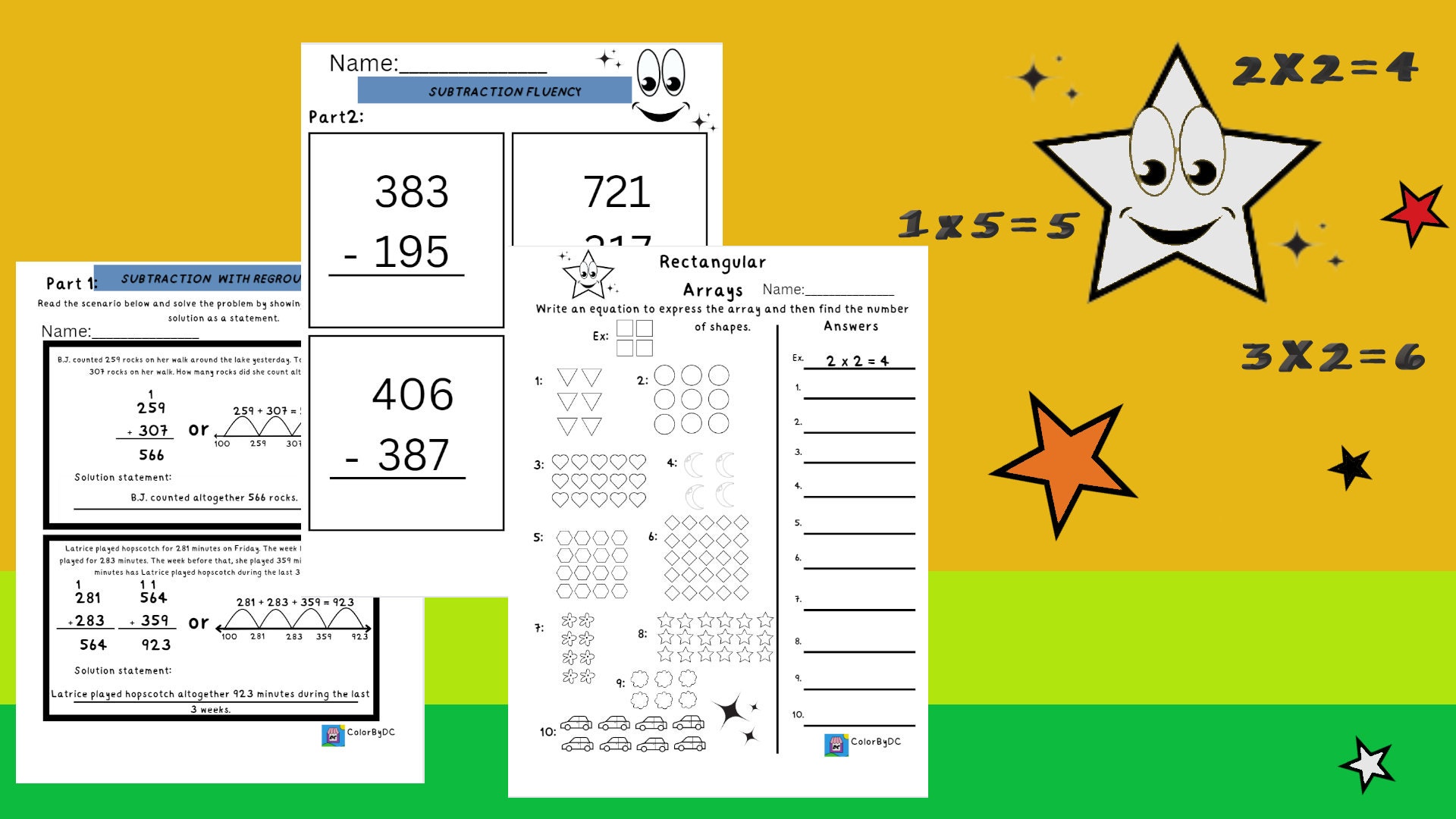 3rd Grade Math Worksheets| Subtraction| Solving Math Sentences| Rectangular Arrays Models ...